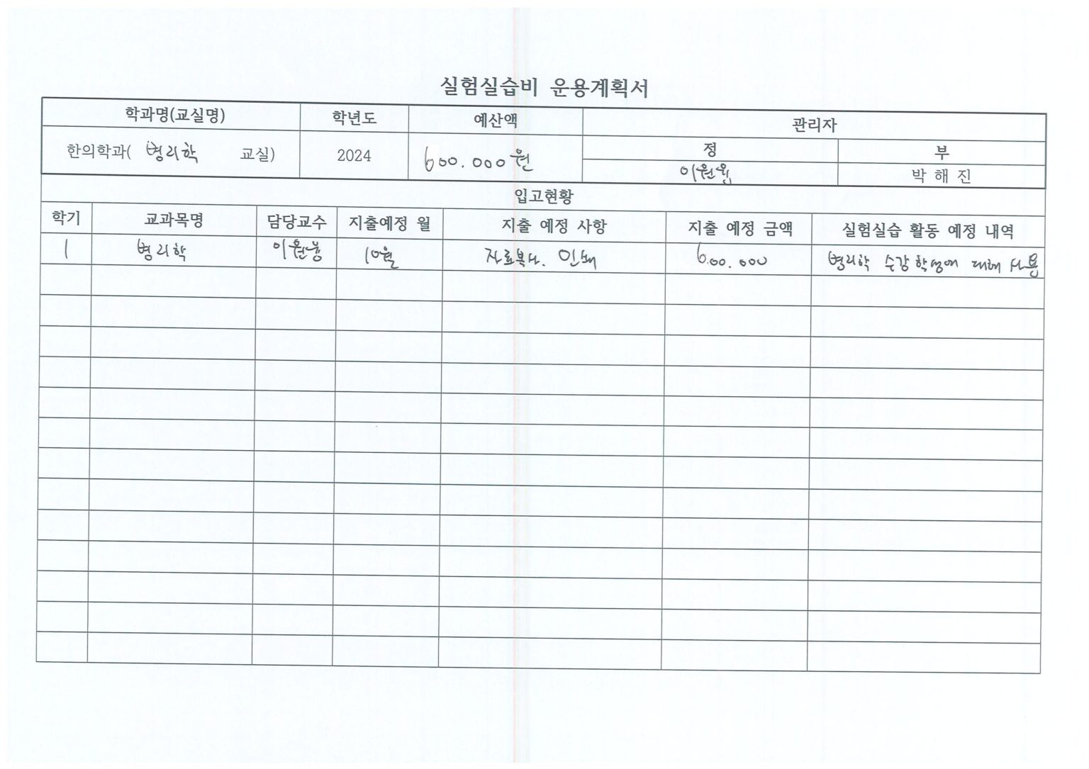 2024학년도 한의과대학 실험 실습비 배정안 원광대학교 한의과대학 한의예과 한의학과 한의과대학원광대 한의예과 한의학과